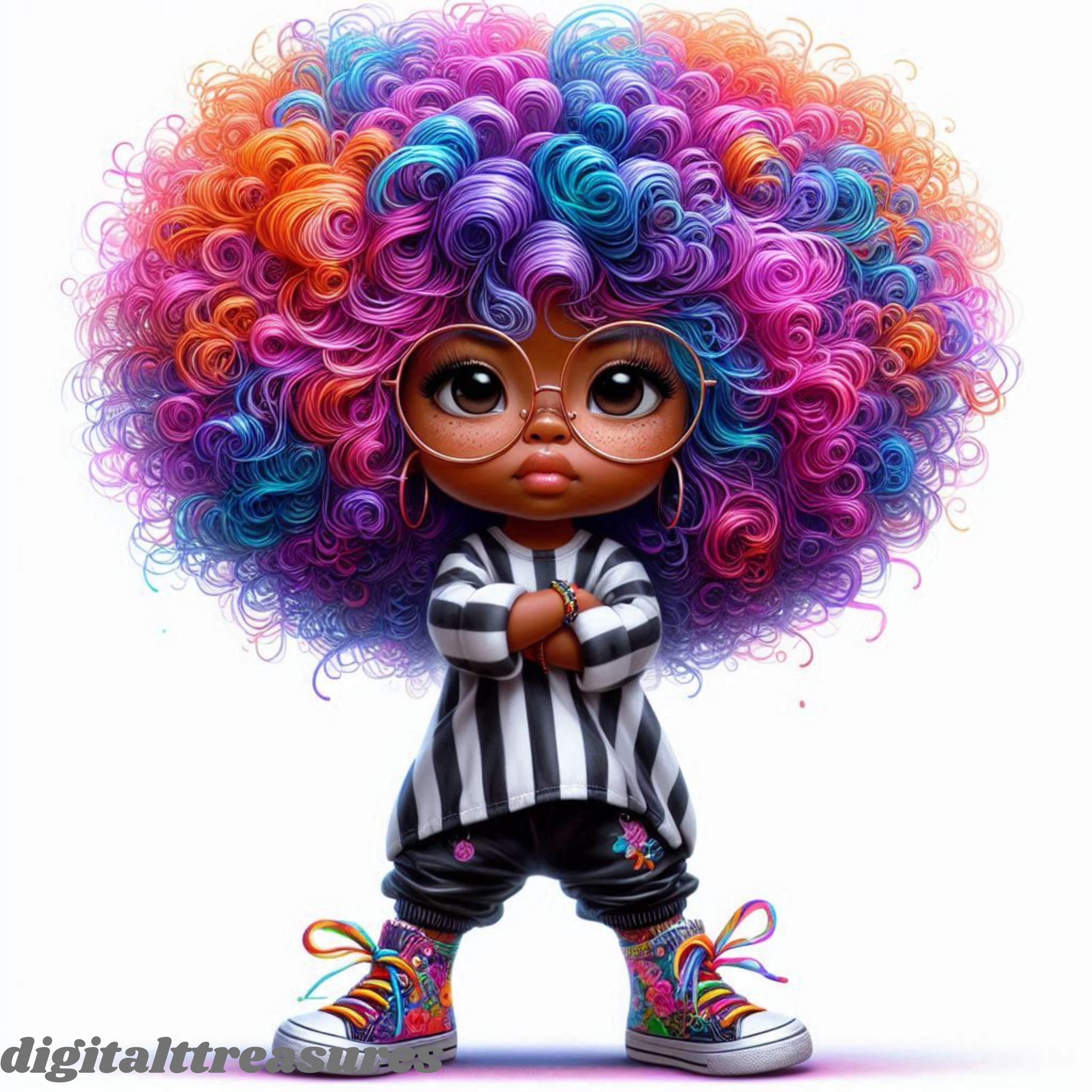 Bold Rainbow Vibes: 16 Afro-american Chibi Girl With Vibrant Hair ...