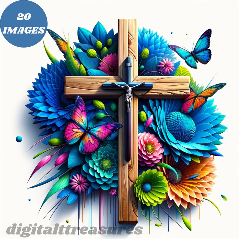 Spring Faith: 20 Watercolor Floral Cross Collection JPG Flower Crucifix ...