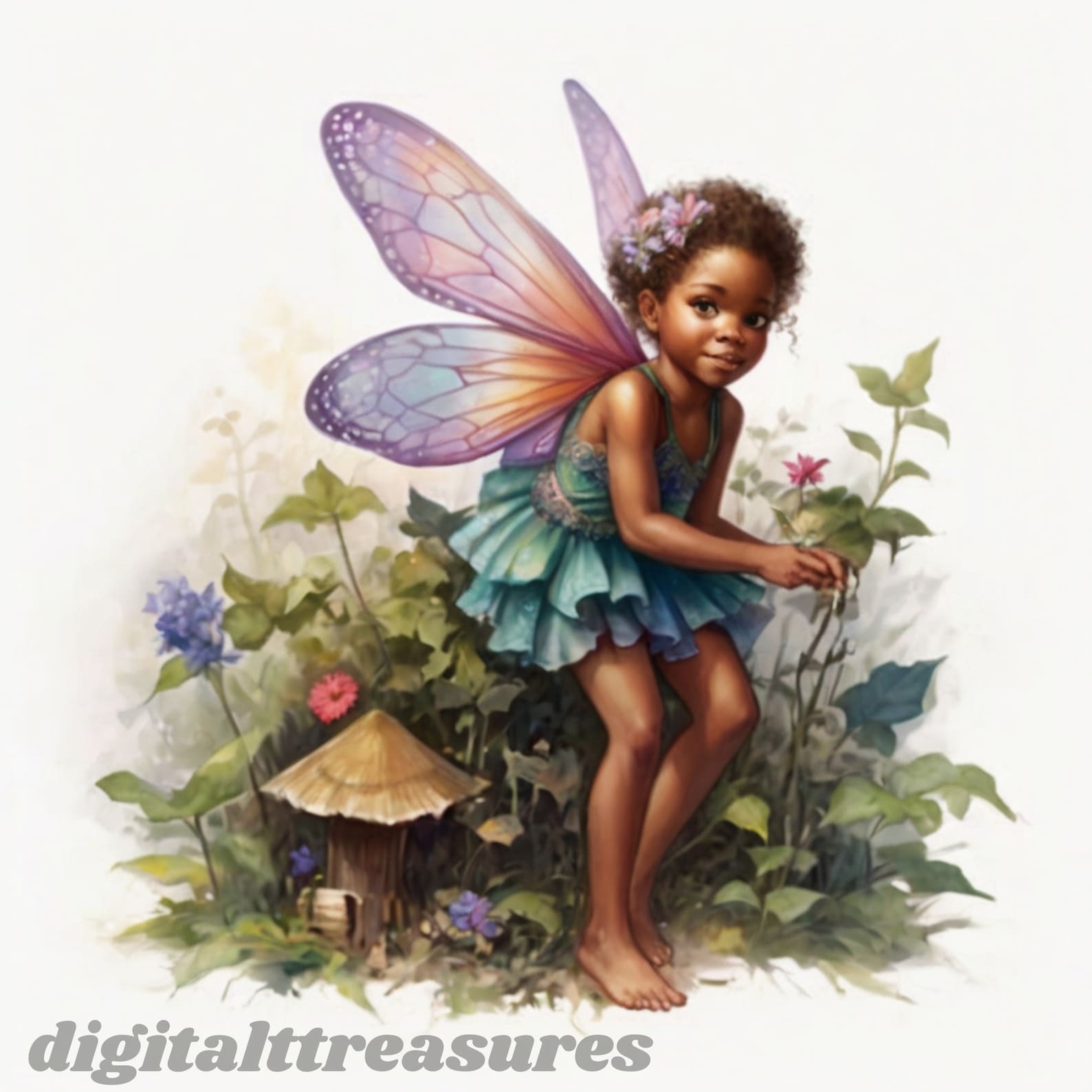 Enchanted Afro-american Fairy Garden: 15 Watercolor JPG Clipart Bundle ...