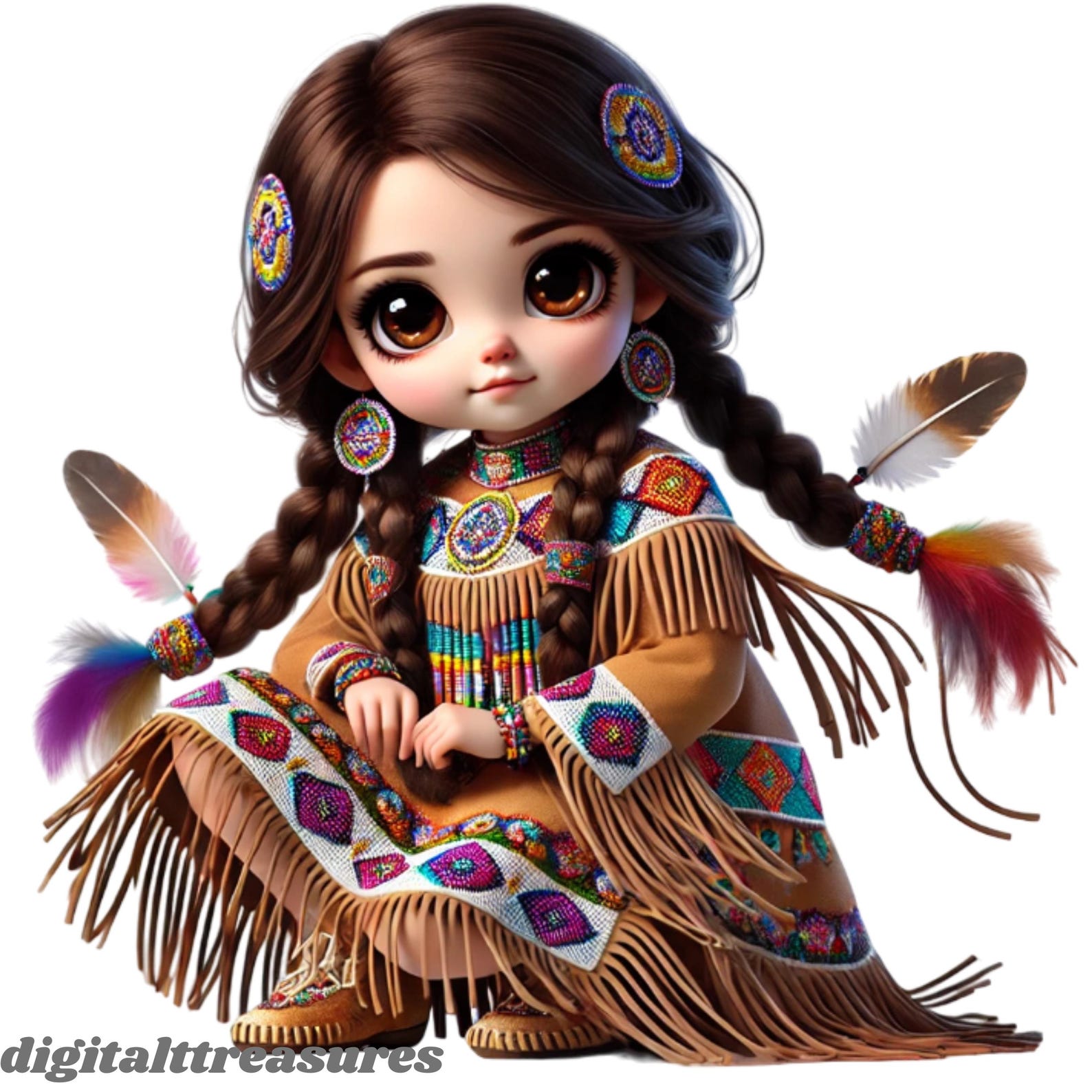 Native American Chibi Girl Illustration: Powwow Buckskin Dress (digital ...