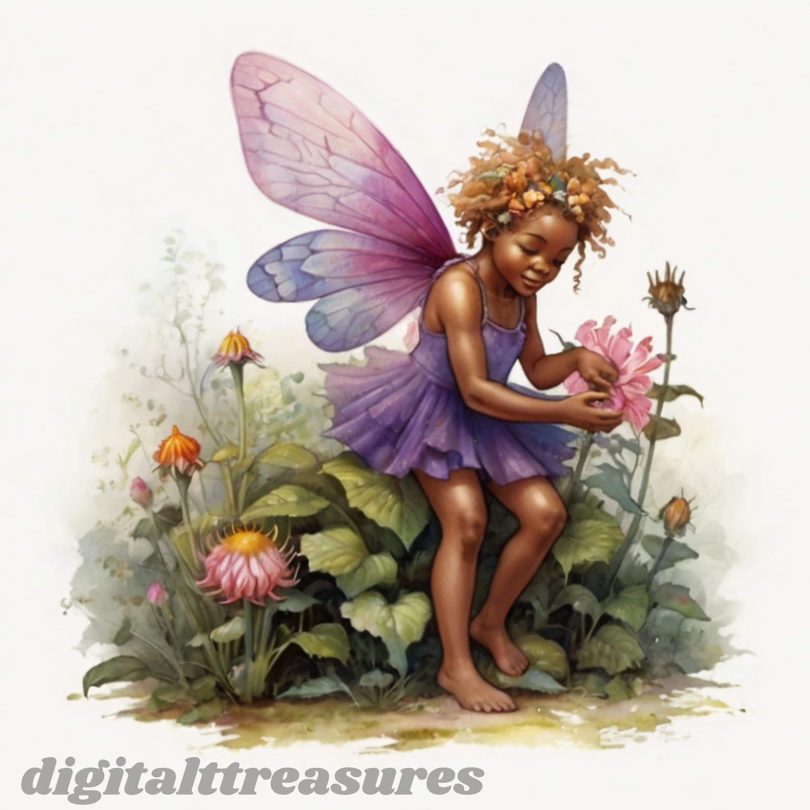 Enchanted Afro-american Fairy Garden: 15 Watercolor JPG Clipart Bundle ...