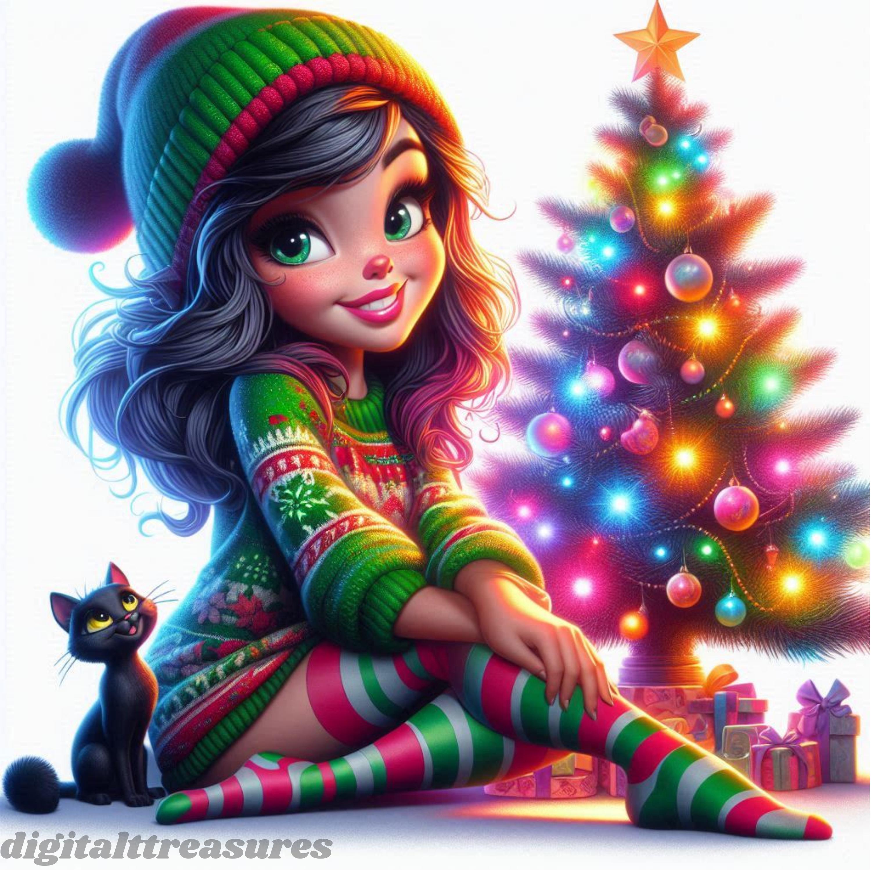 Christmas Joy: 12 Adorable Chibi Christmas Girl With Cat Clipart Bundle ...