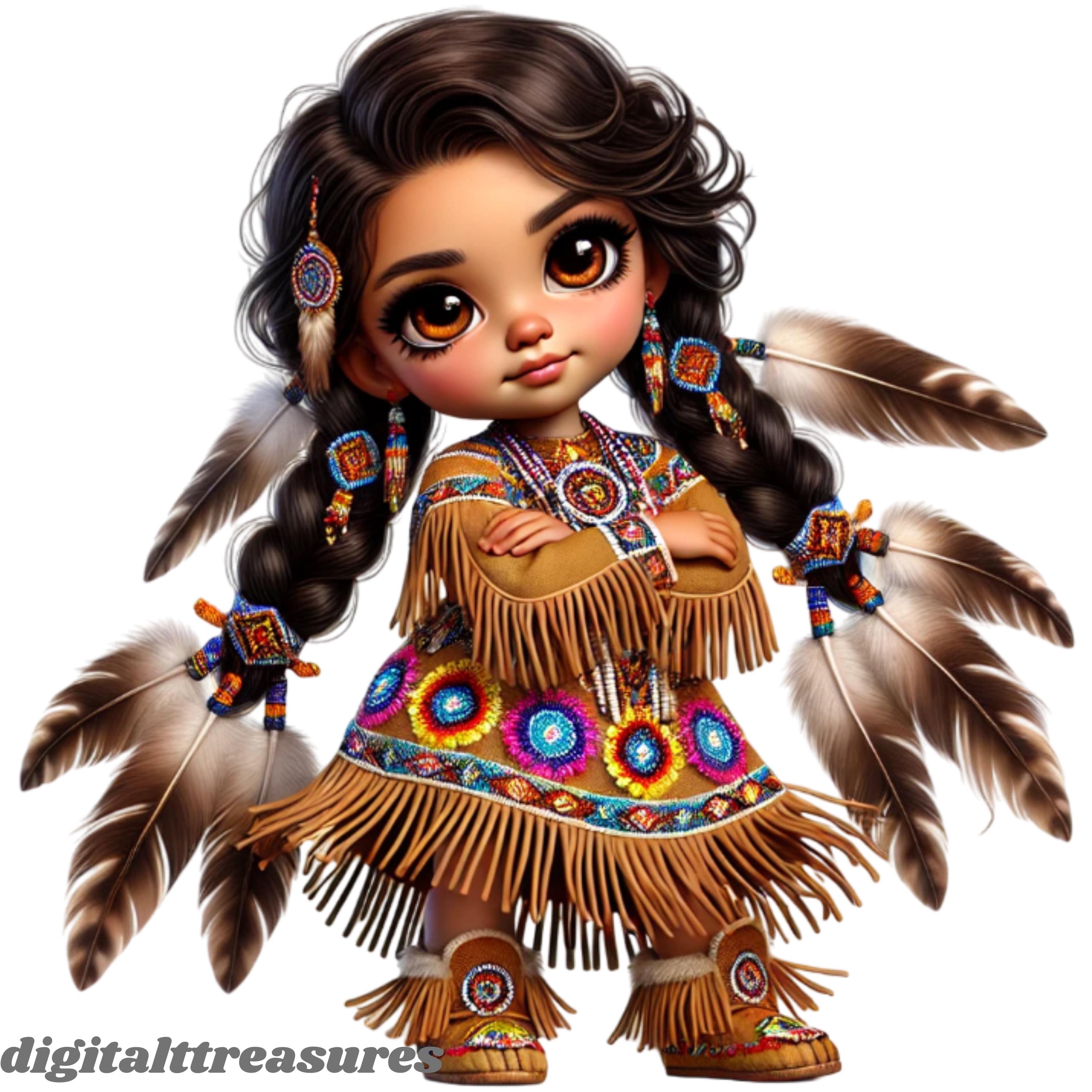 Native American Chibi Girl Illustration: Powwow Buckskin Dress (digital ...