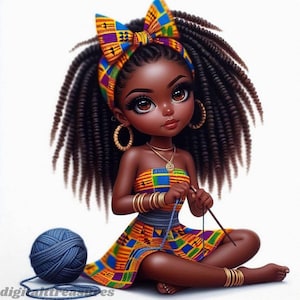 African American Chibi Knitter Art Bundle -12 Vibrant Kente Cloth ...