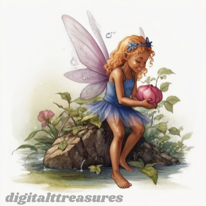 Enchanted Afro-american Fairy Garden: 15 Watercolor JPG Clipart Bundle ...
