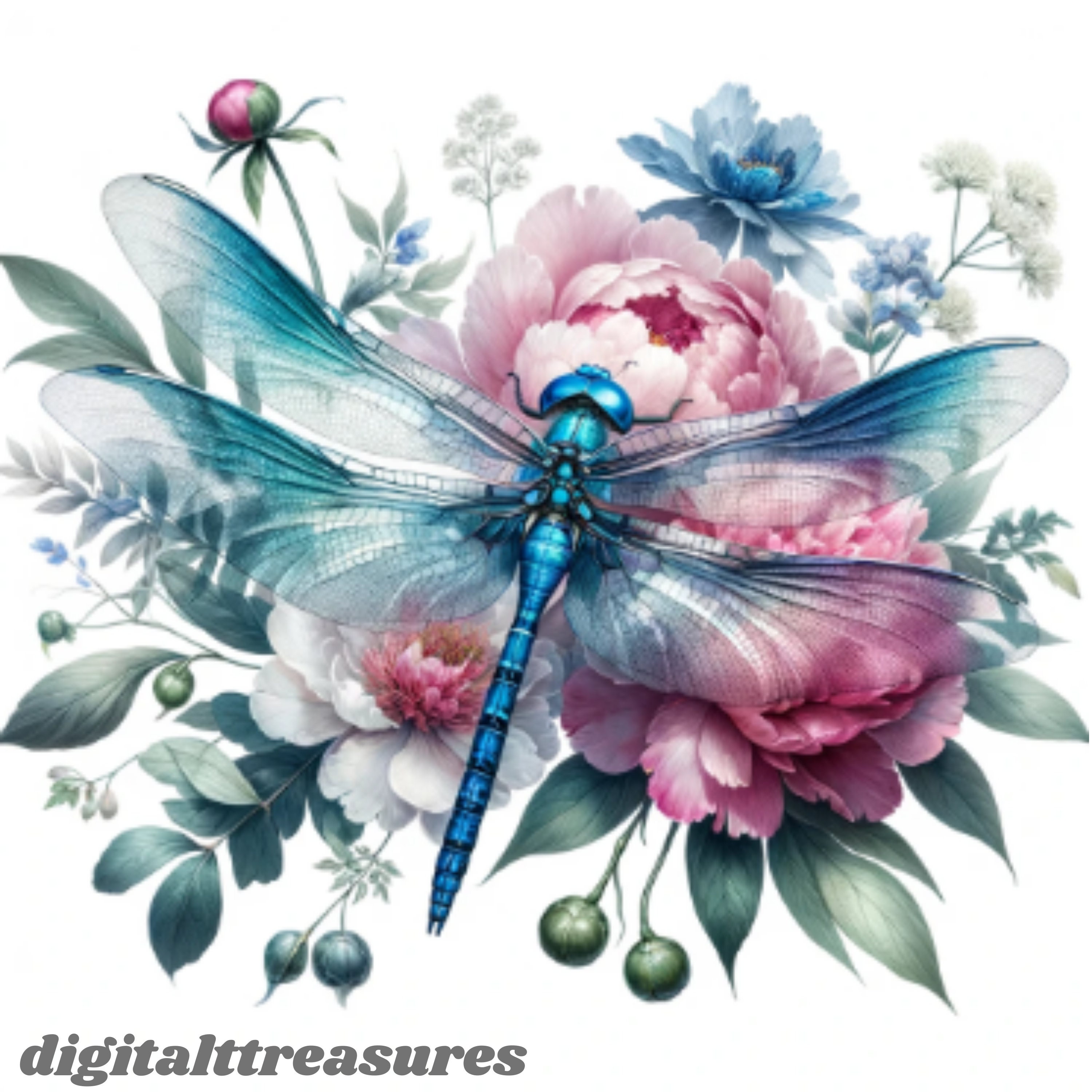 Whimsical Wings:30jpg Piece Dragonfly & Floral Watercolor Clipart ...