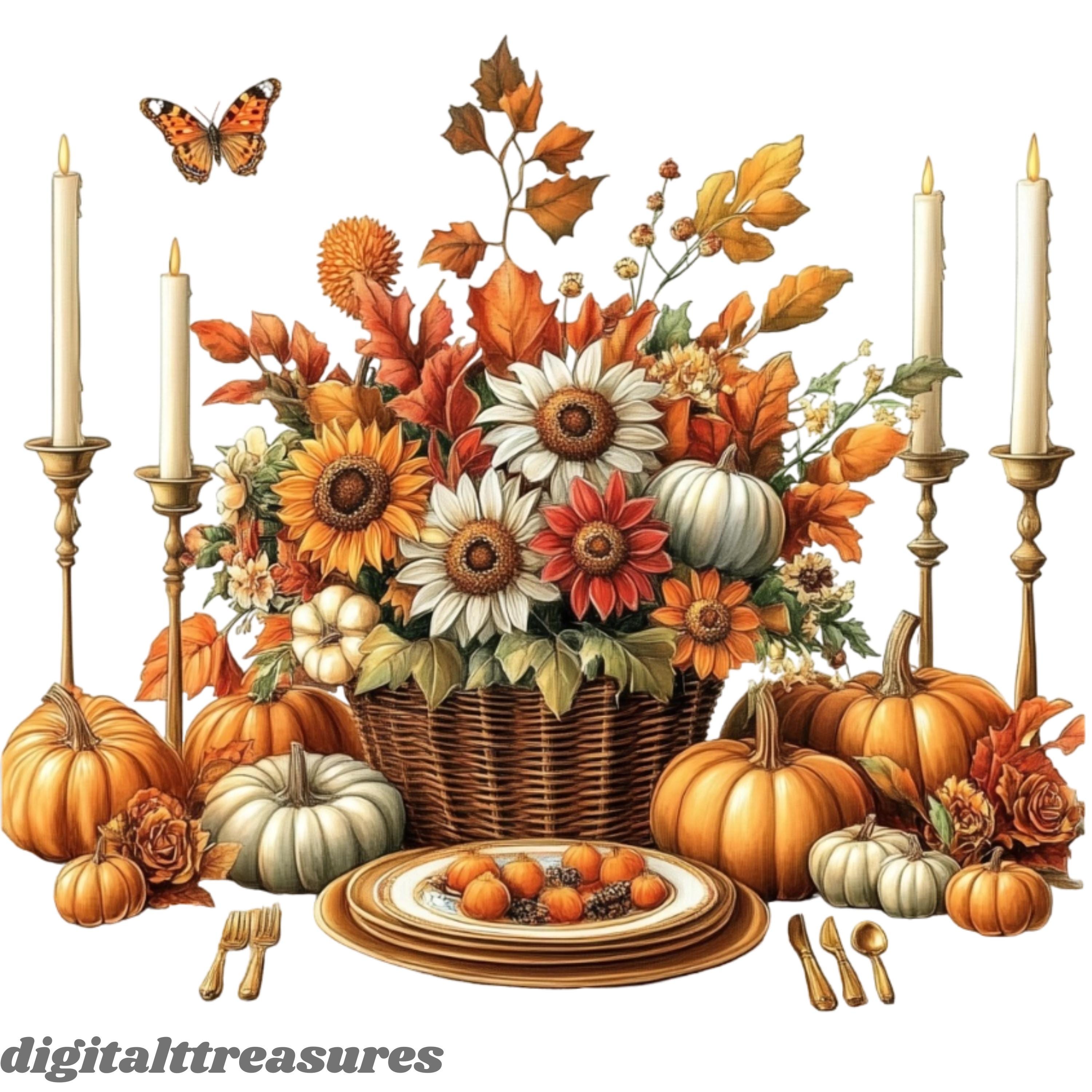14 Thanksgiving Clipart Bundle: Watercolor Autumn Harvest With Pumpkins ...