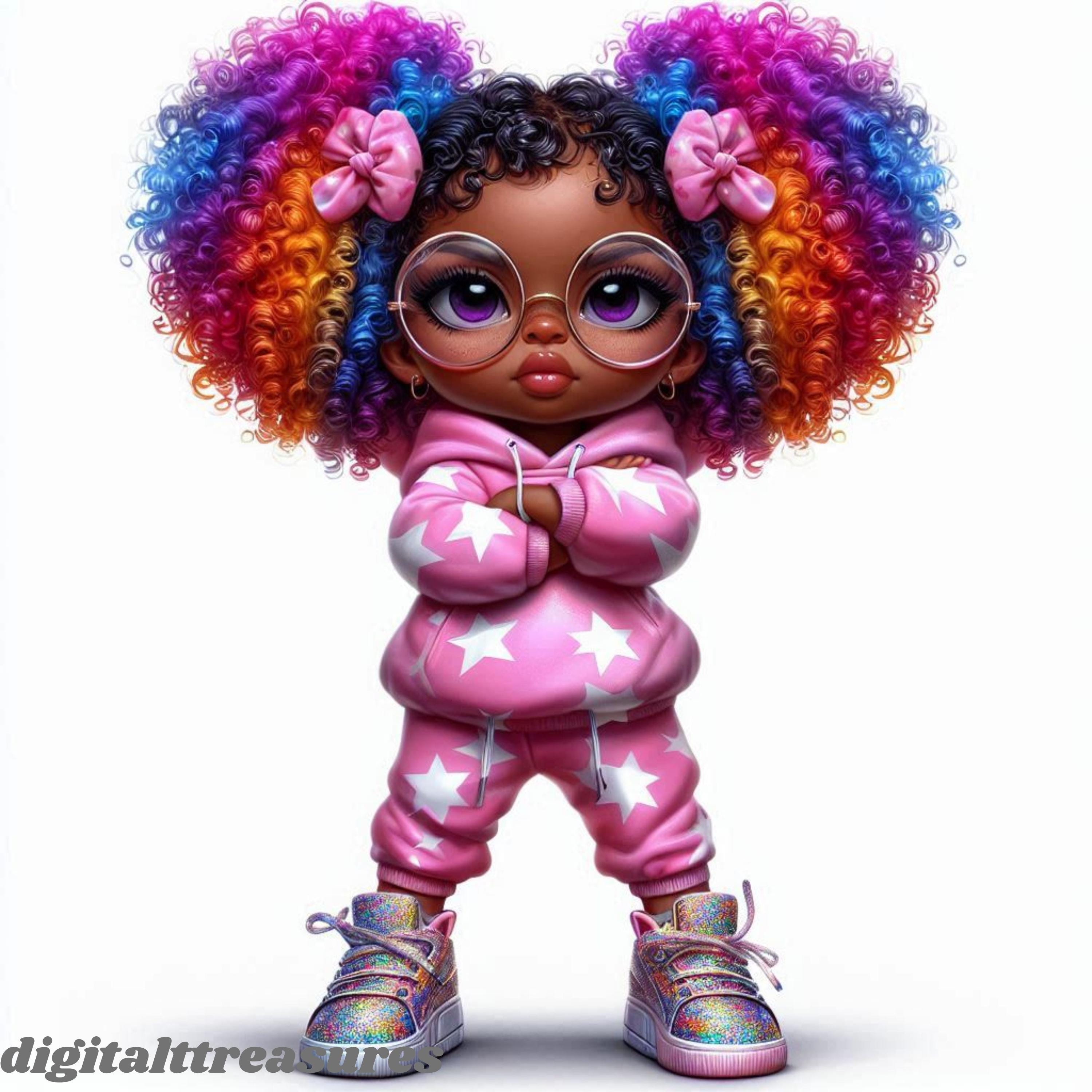 Bold Rainbow Vibes: 16 Afro-american Chibi Girl With Vibrant Hair ...