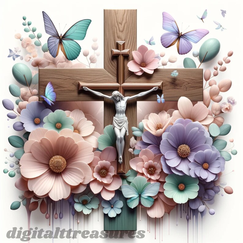 Spring Faith: 20 Watercolor Floral Cross Collection JPG Flower Crucifix ...