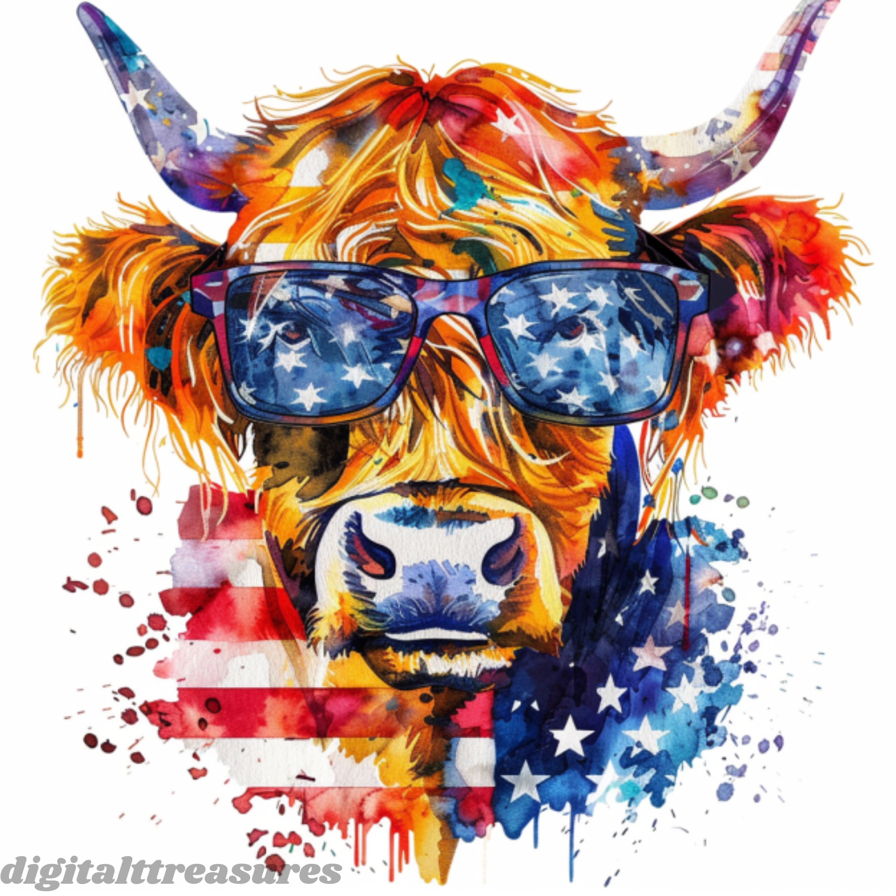 Watercolor Patriotic Highland Cows Collection 16 JPG 4th of July ...