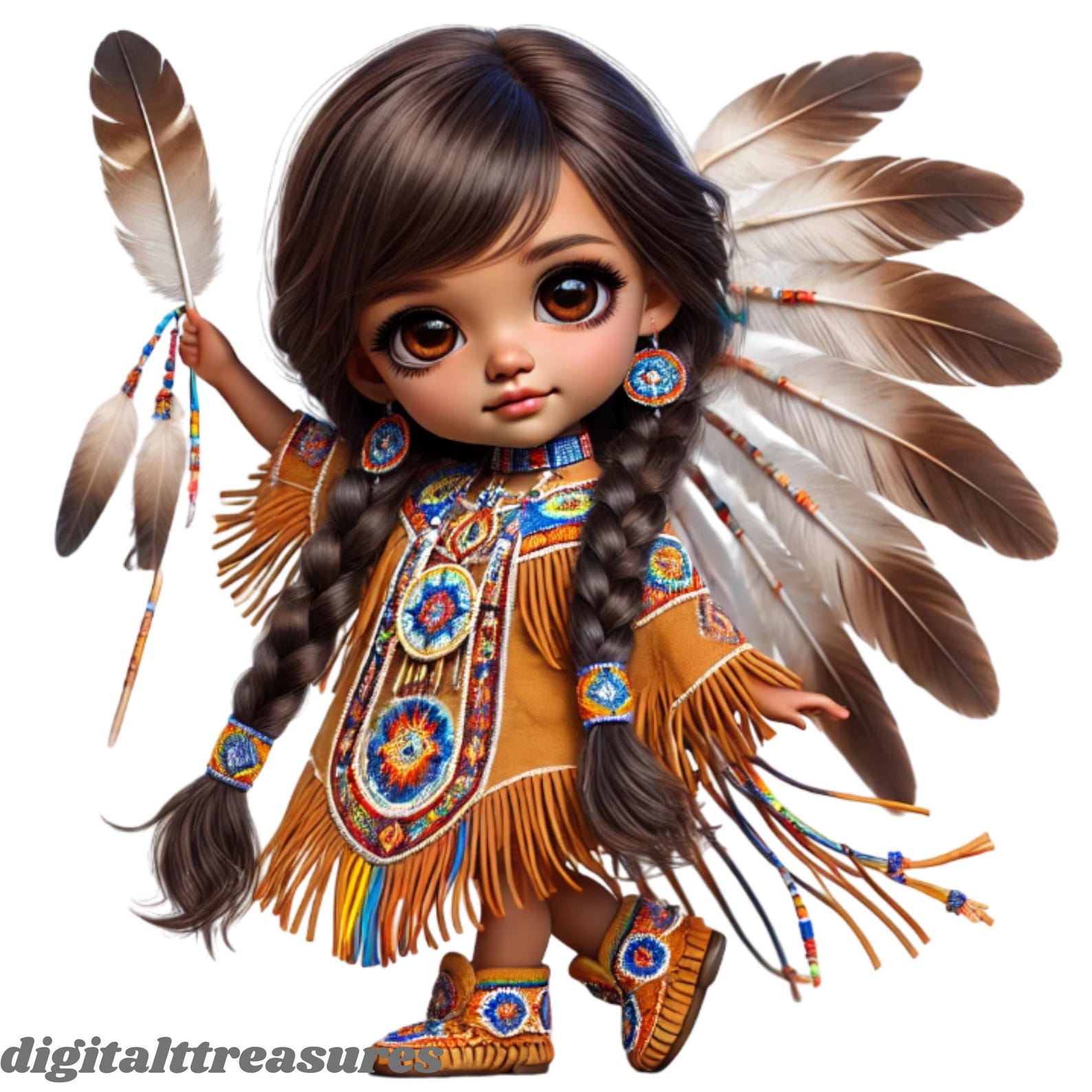 Native American Chibi Girl Illustration: Powwow Buckskin Dress (digital ...