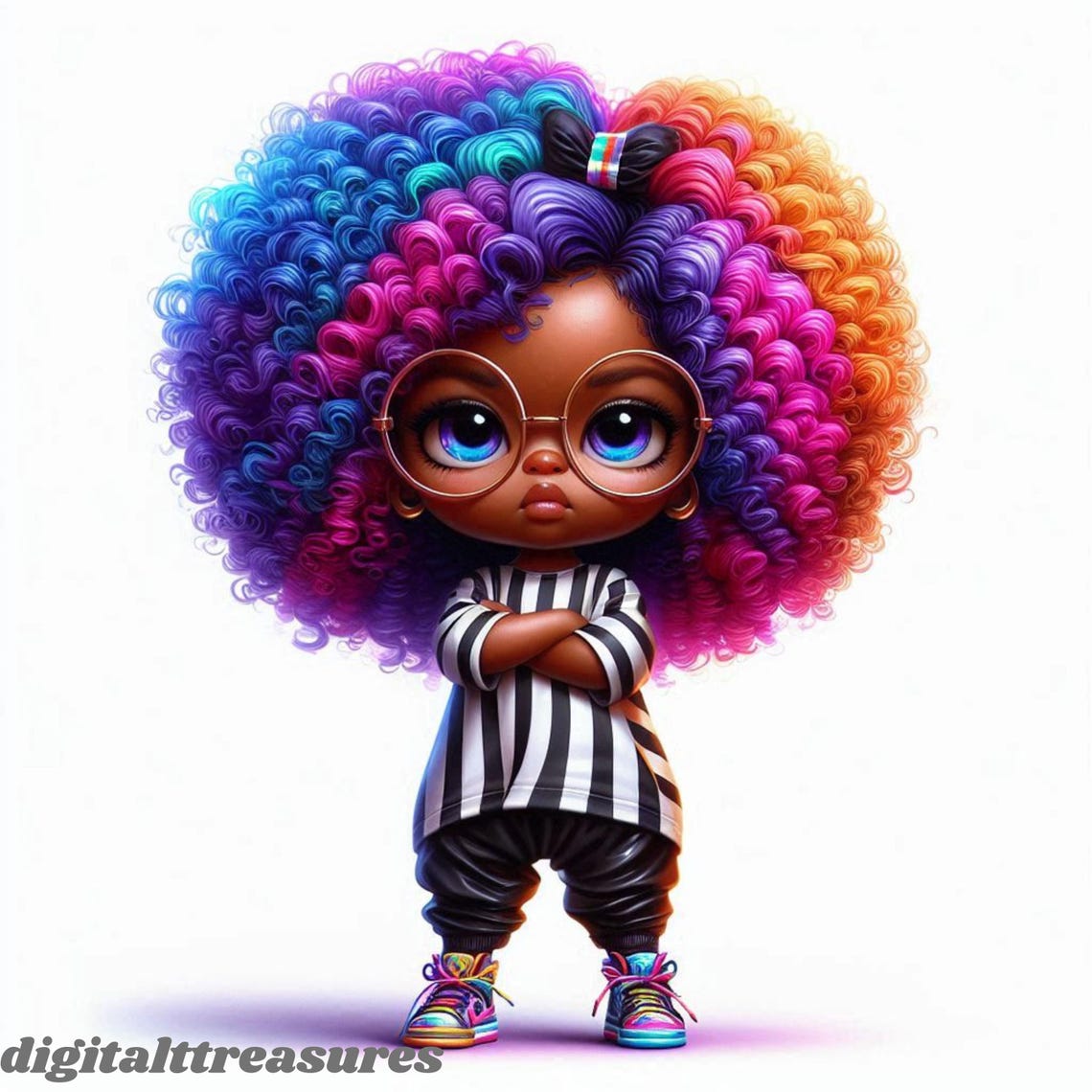 Bold Rainbow Vibes: 16 Afro-american Chibi Girl With Vibrant Hair ...