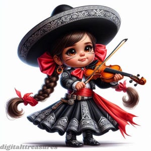 Chibi Mexican Girl Clipart: Mariachi Outfit, Violin (PNG, JPG) - Etsy