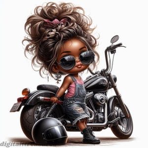 12 JPG Chibi Woman on Motorcycle - Afro-american Biker Girl Clipart ...