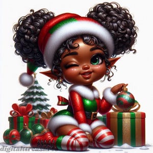 15 Whimsical Afro-american Chibi Elf Christmas Girl Clipart - Festive ...