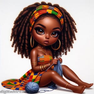 African American Chibi Knitter Art Bundle -12 Vibrant Kente Cloth ...