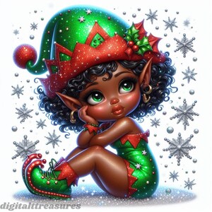 15 Whimsical Afro-american Chibi Elf Christmas Girl Clipart - Festive ...