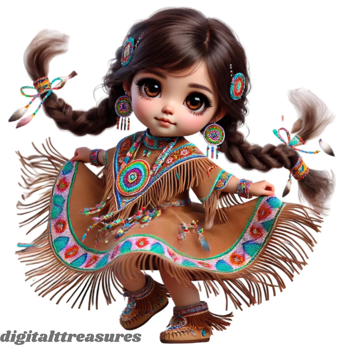 Native American Chibi Girl Illustration: Powwow Buckskin Dress (digital ...
