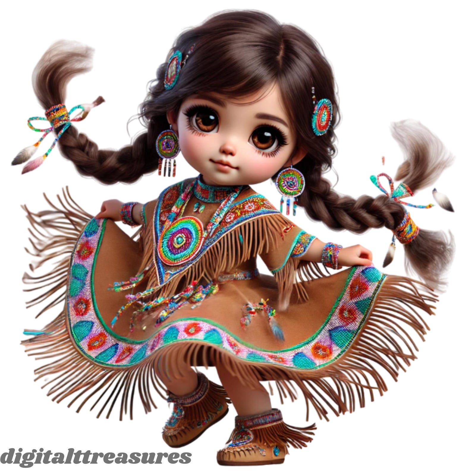 Native American Chibi Girl Illustration: Powwow Buckskin Dress (digital ...