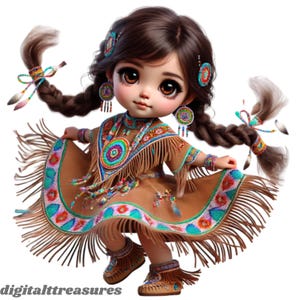 Native American Chibi Girl Illustration: Powwow Buckskin Dress (digital ...
