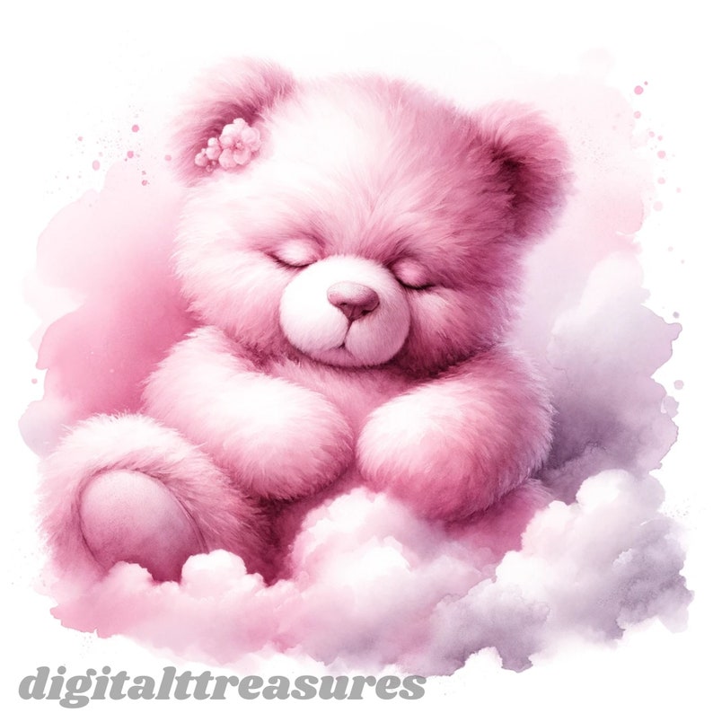 Watercolor Pink Sleepy Teddy Bear Clipart Bundle: 12 Adorable Baby Bear ...