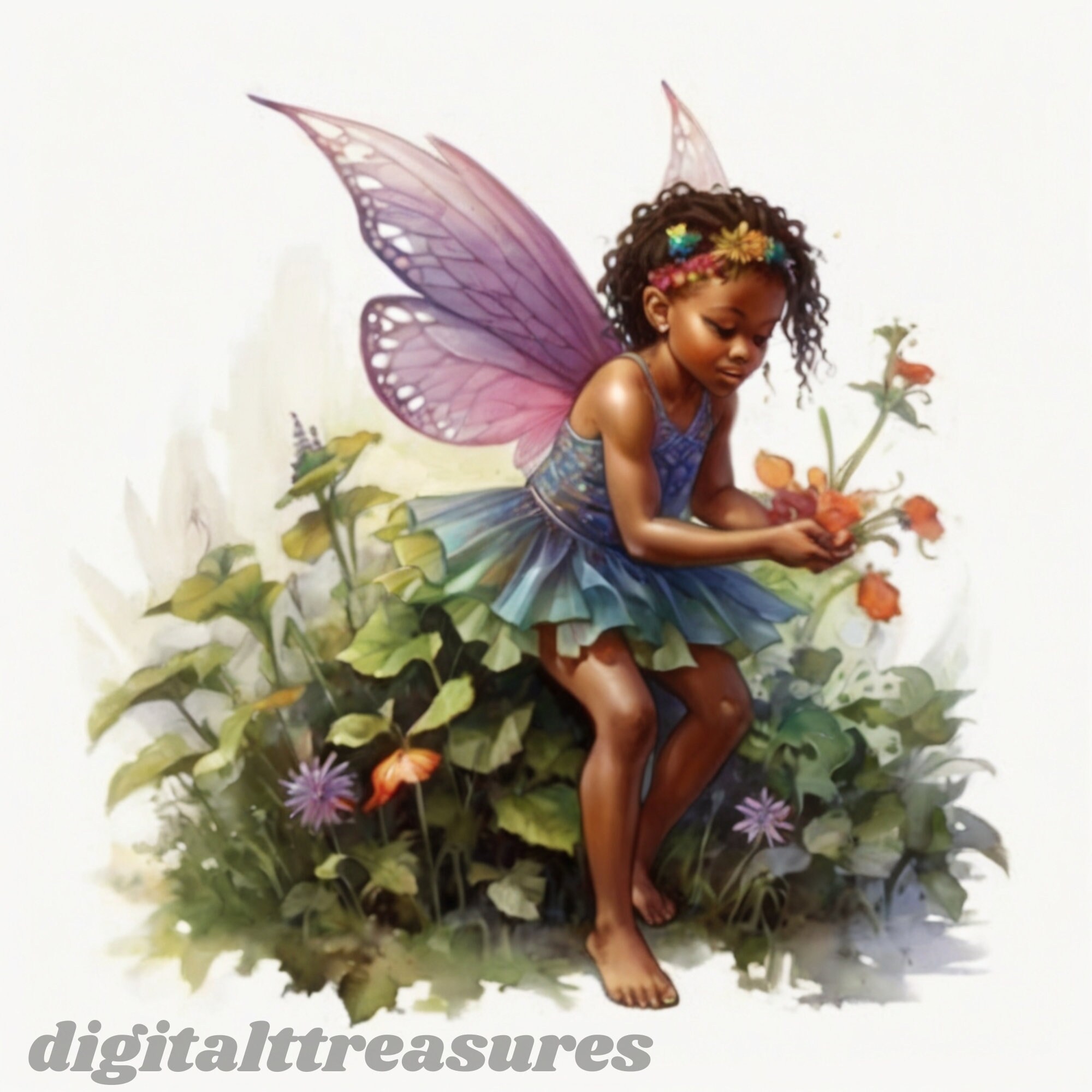 Enchanted Afro-american Fairy Garden: 15 Watercolor JPG Clipart Bundle ...