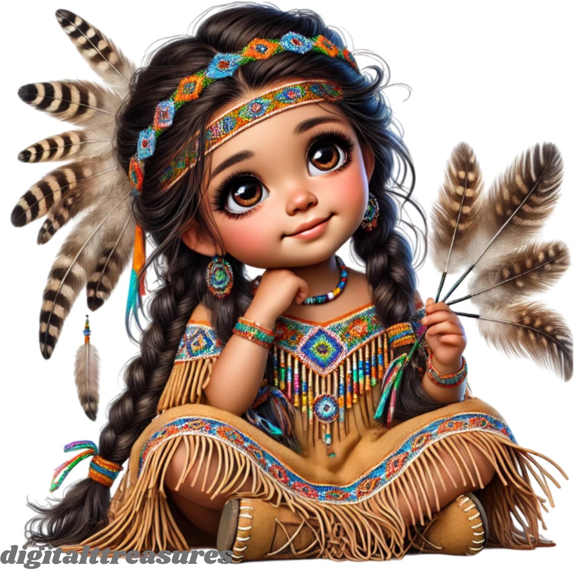 Native American Chibi Girl Illustration: Powwow Buckskin Dress (digital ...
