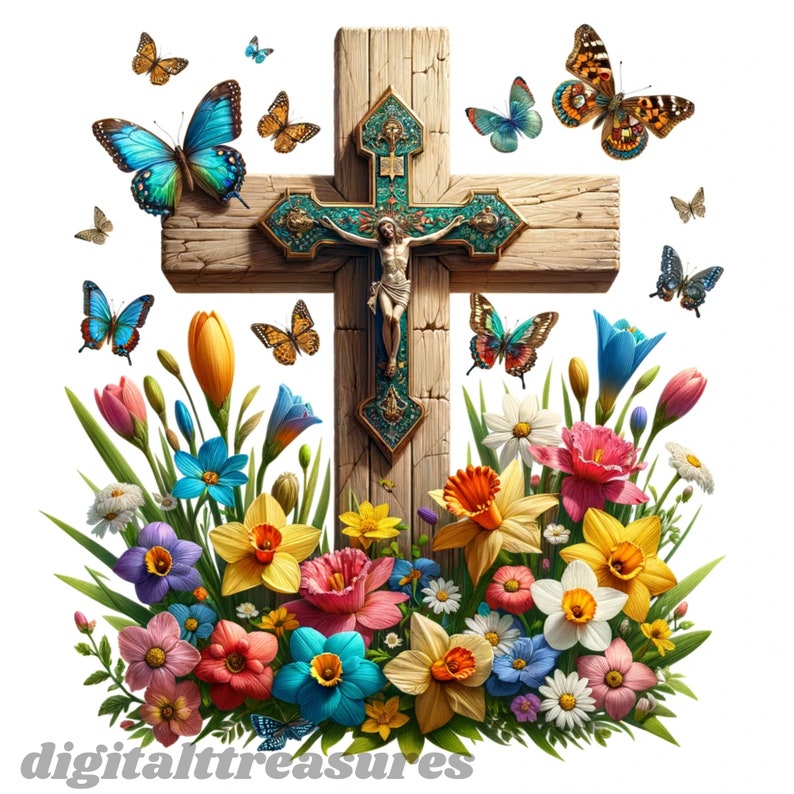 Spring Faith: 20 Watercolor Floral Cross Collection JPG Flower Crucifix ...