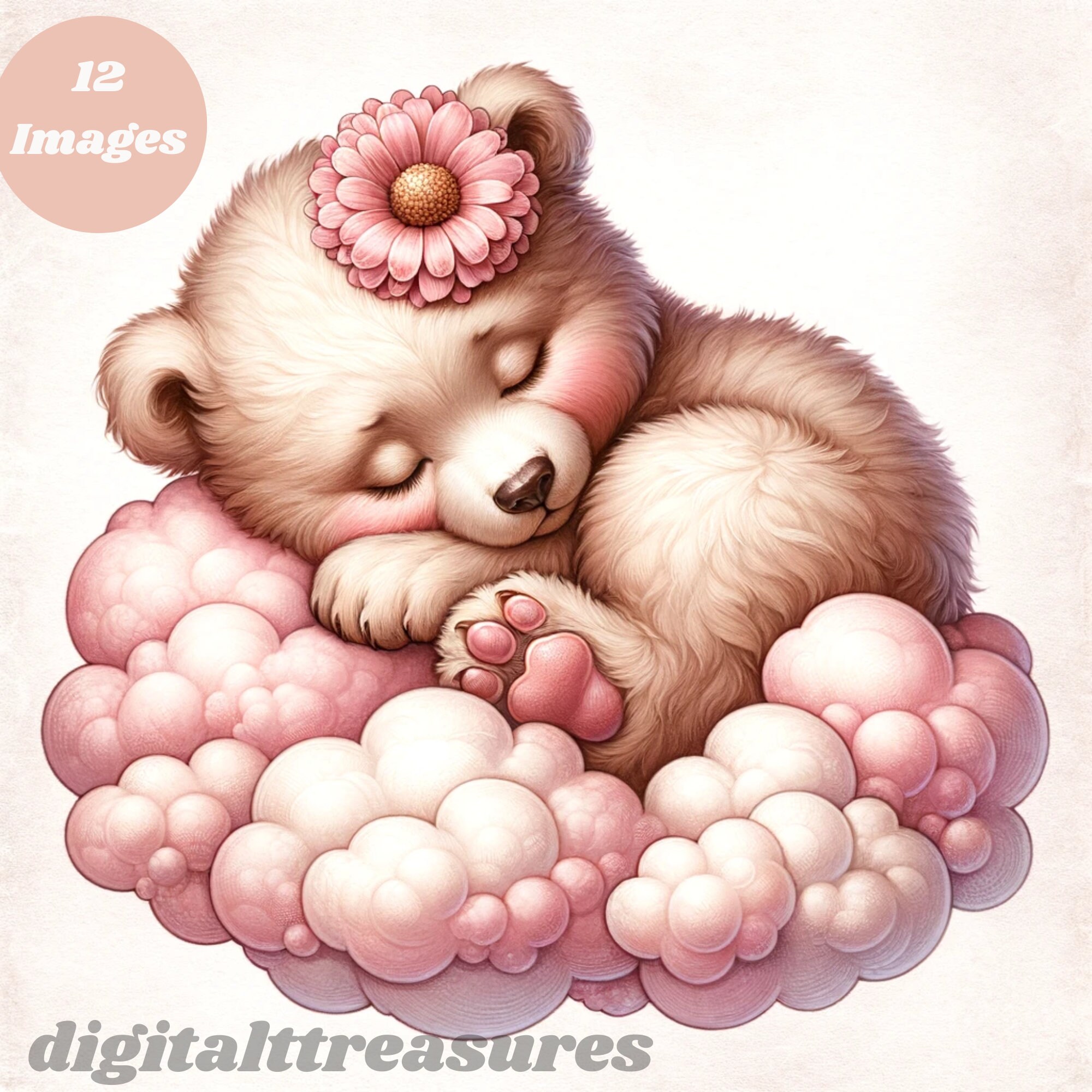 Watercolor Pink Sleepy Teddy Bear Clipart Bundle: 12 Adorable Baby Bear ...