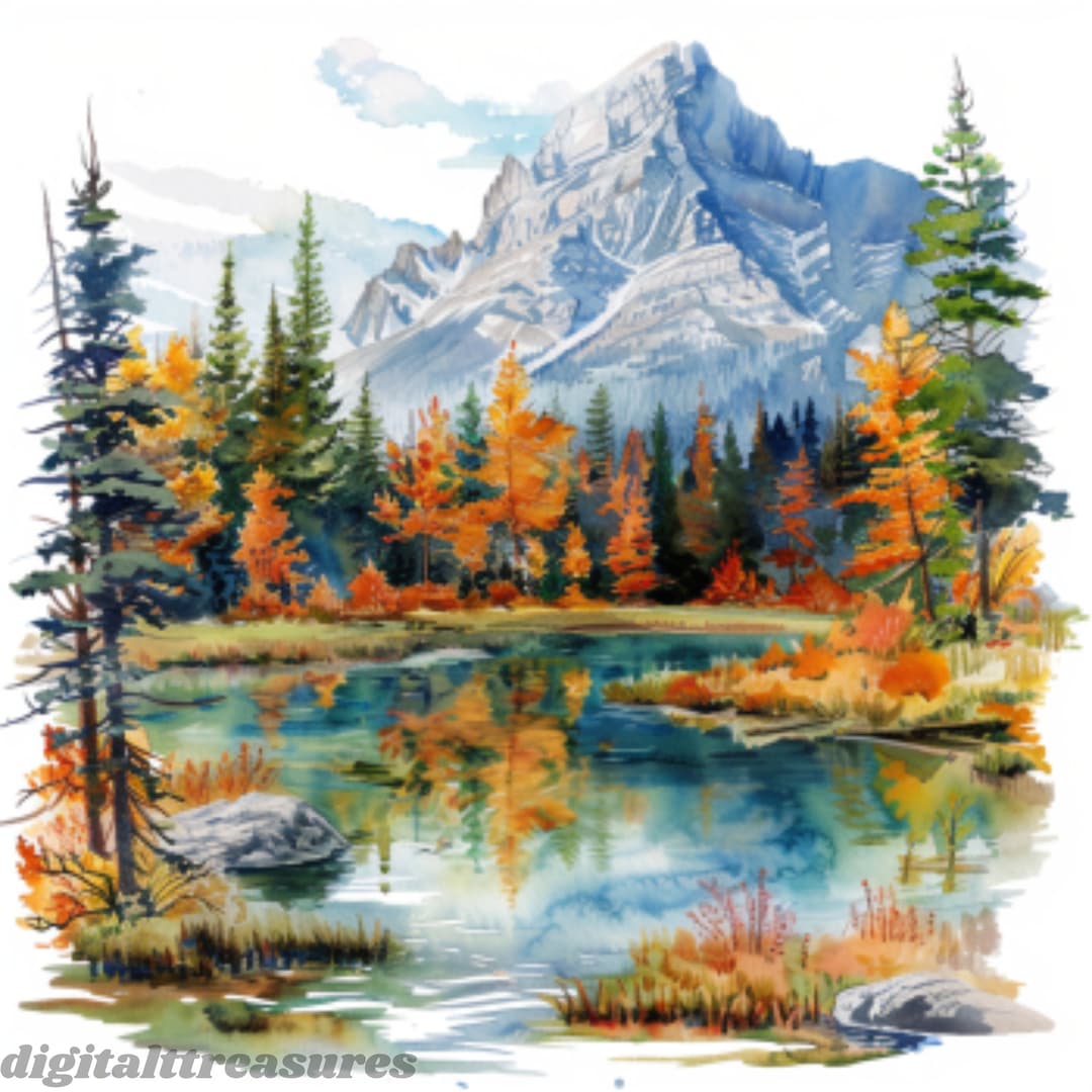 Watercolor Mountain Clipart Bundle - Mountain Border & Landscape Jpgs ...