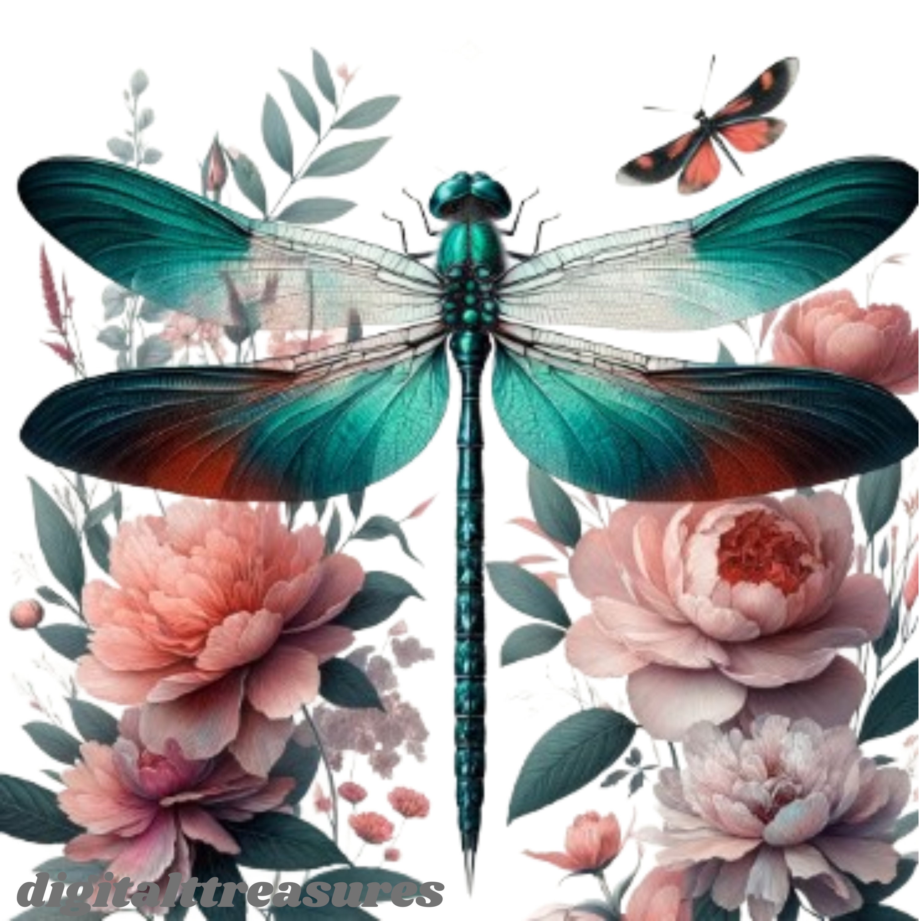Whimsical Wings:30jpg Piece Dragonfly & Floral Watercolor Clipart ...