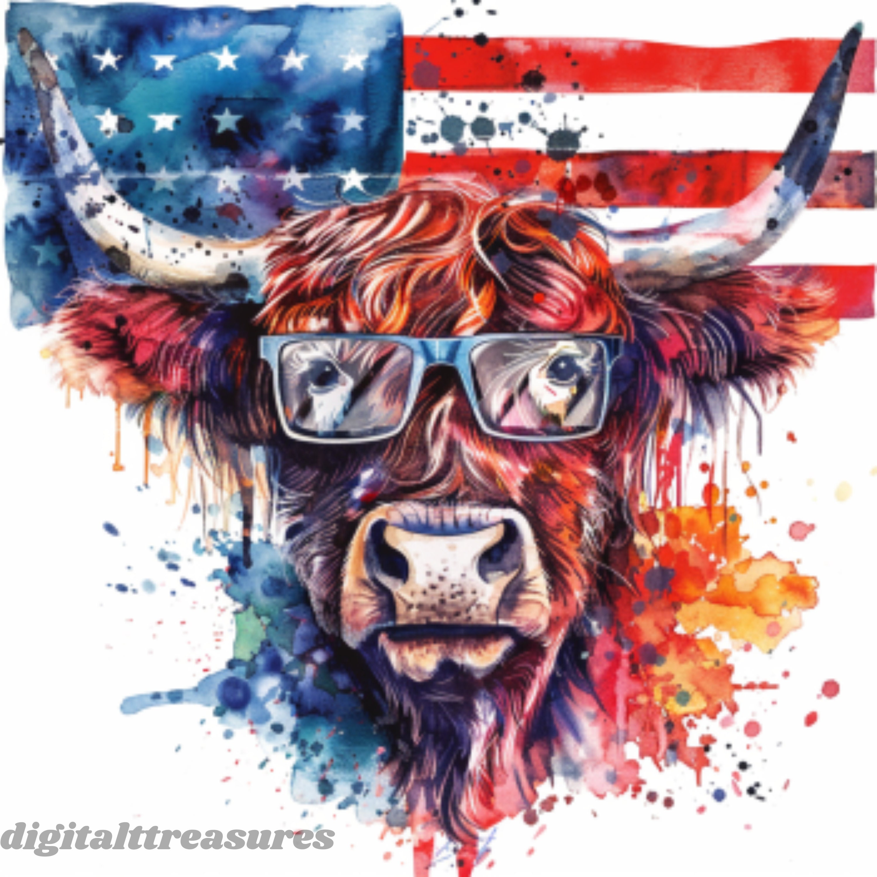 Watercolor Patriotic Highland Cows Collection 16 JPG 4th of July ...