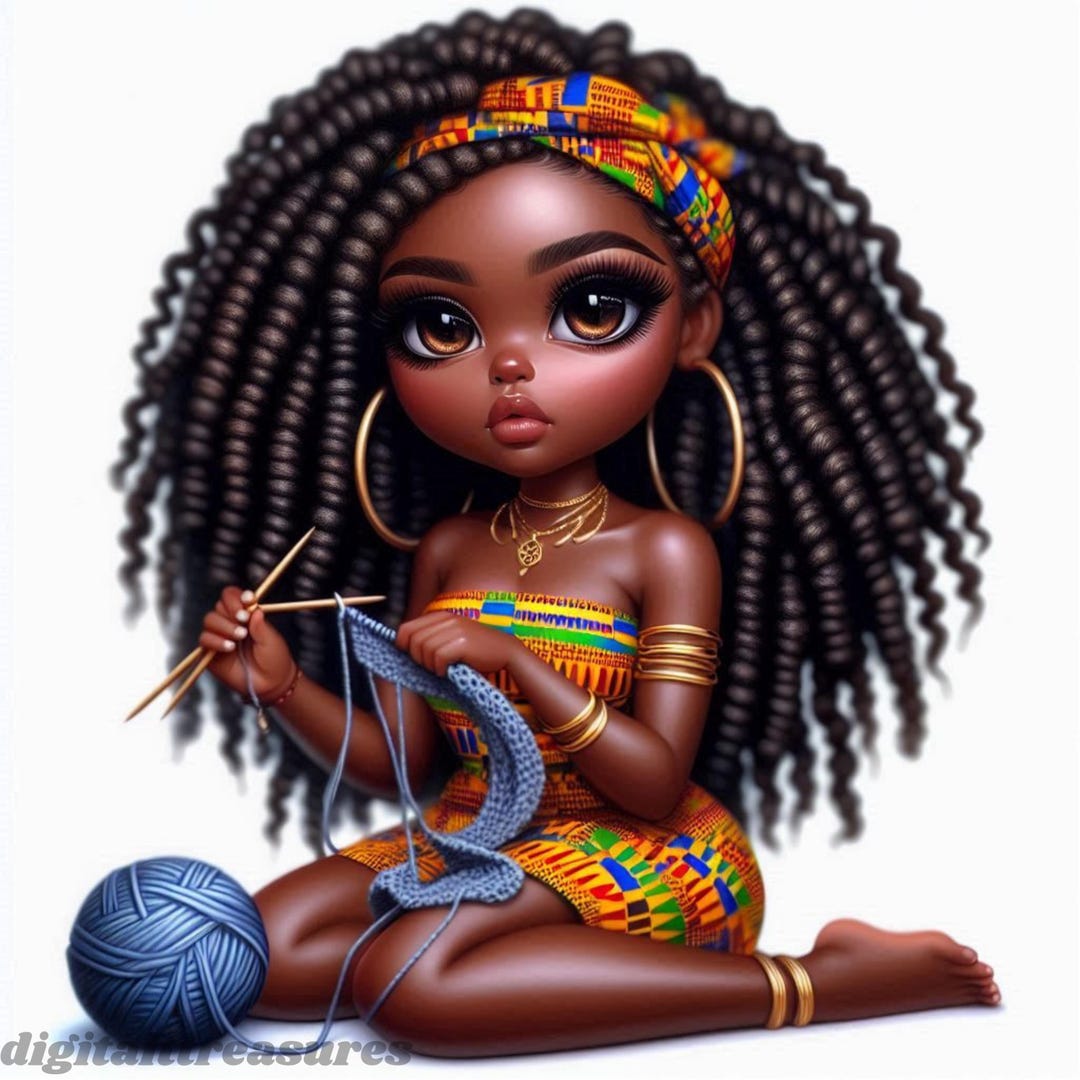 African American Chibi Knitter Art Bundle -12 Vibrant Kente Cloth ...
