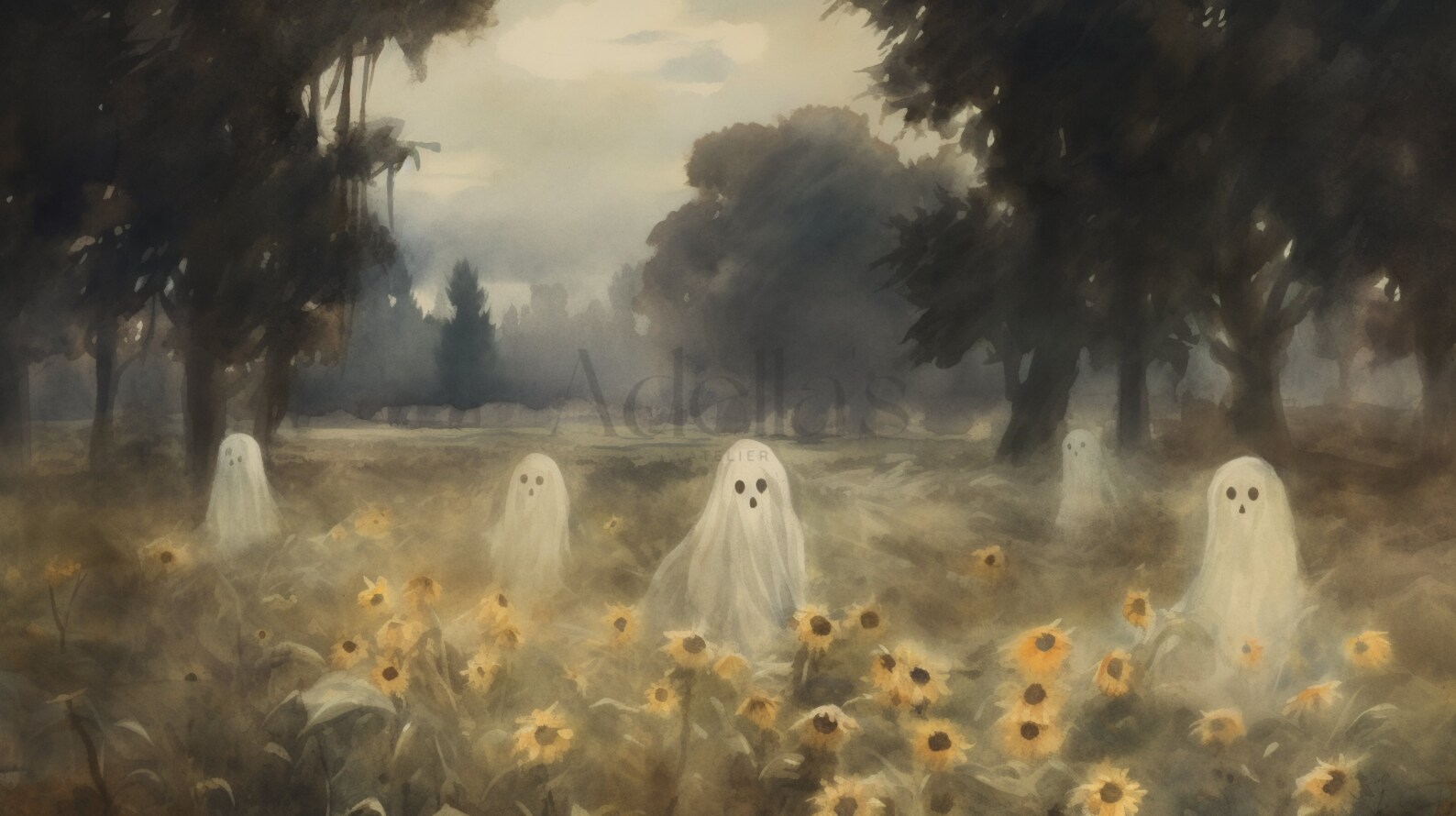 Cute Ghosts in Sunflower Field, Vintage Ghost Painting, Ghost Painting ...