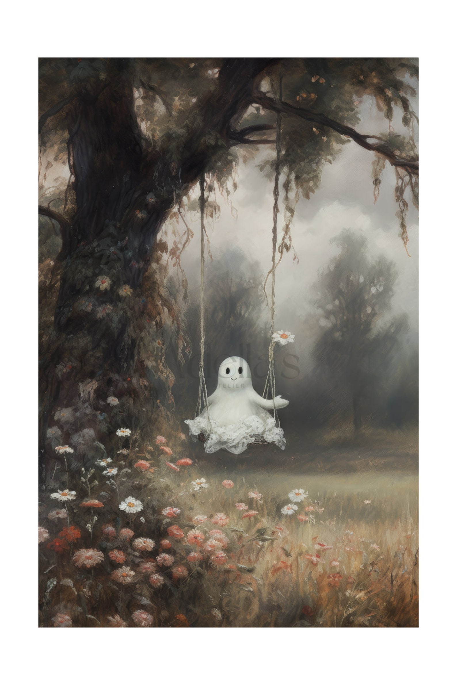 Cute Ghost on A Swing, Vintage Ghost Painting, Dark Academia, Cottage ...