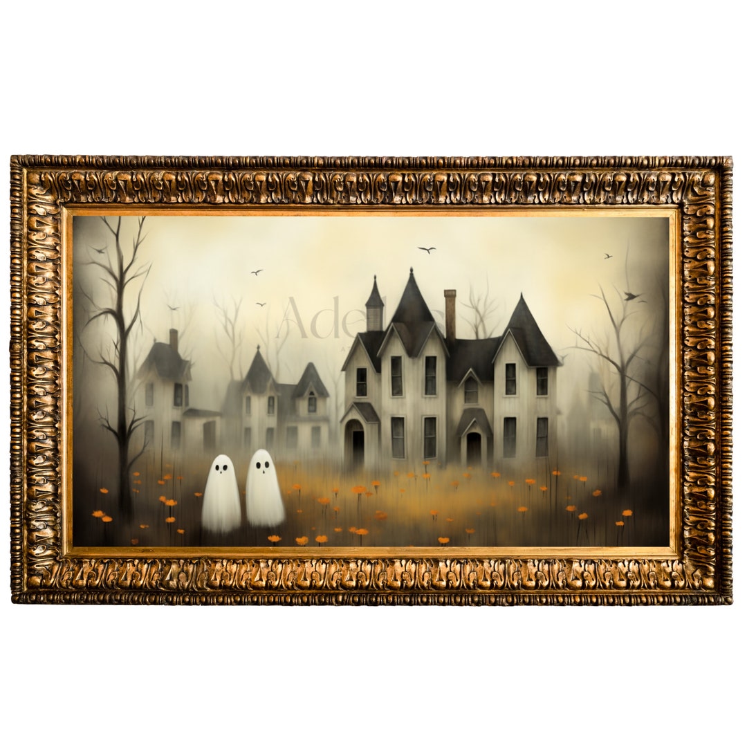 Cute Ghosts in Fall Meadow W/ Haunted House, Vintage Digital Ghost ...