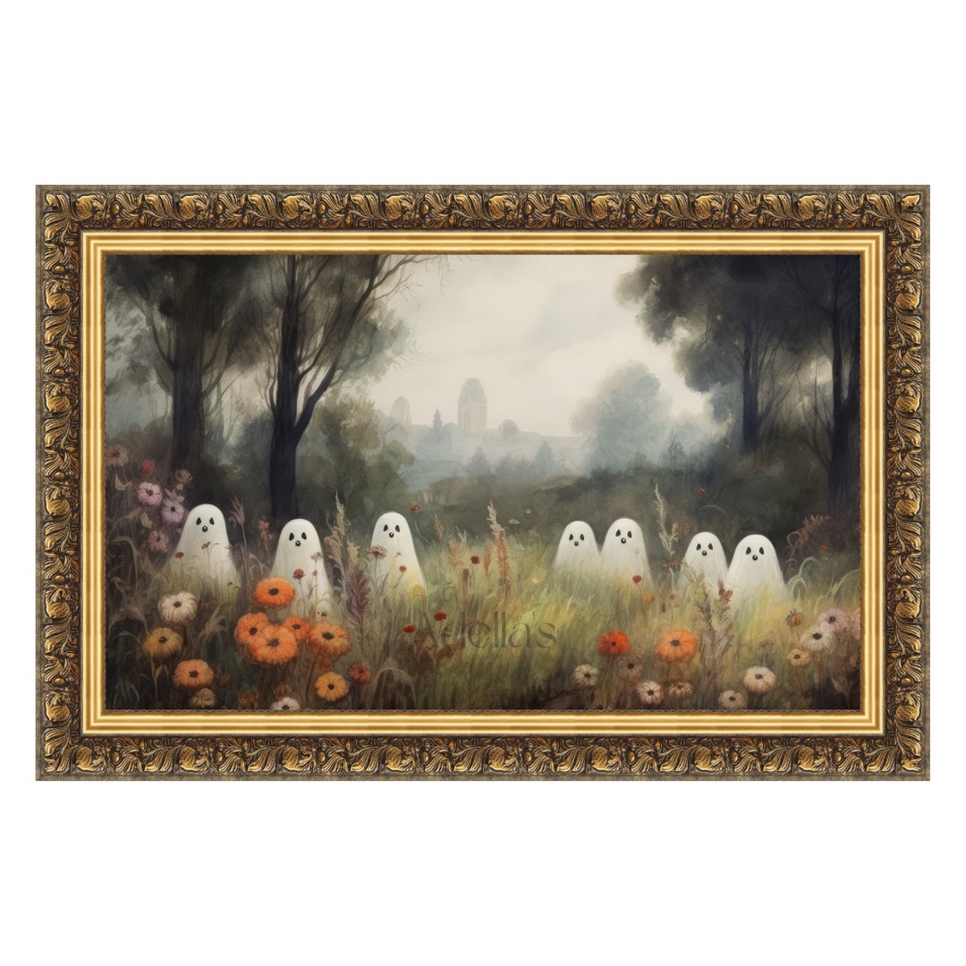Cute Ghosts in Fall Meadow W/ Flowers, Vintage Ghost Painting, Dark Academia, Cottage Core ...