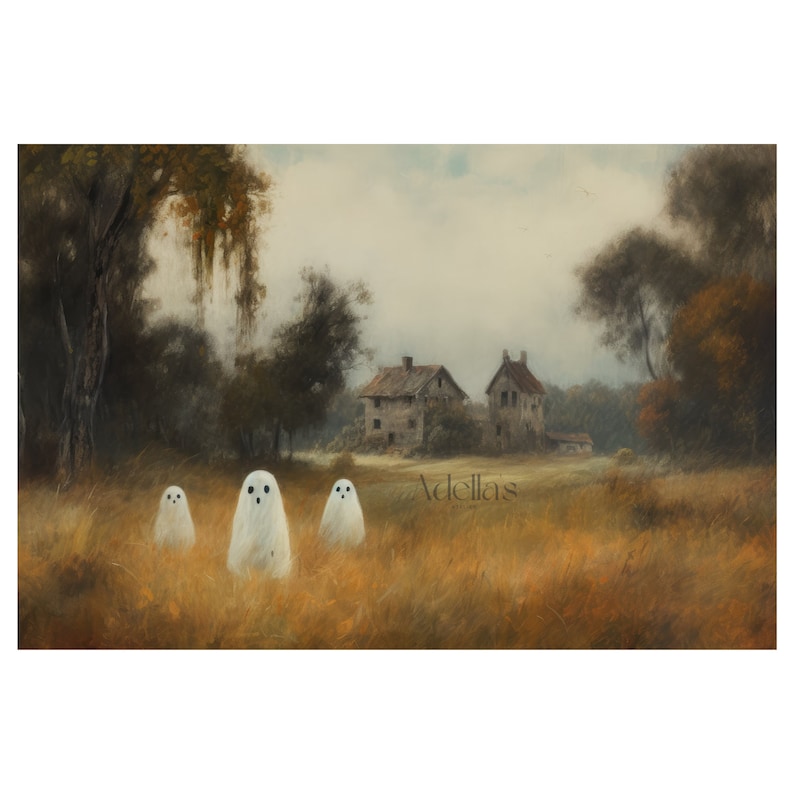 Cute Ghosts in A Fall Meadow W/ Haunted House, Vintage Digital Ghost Painting, Dark Academia ...