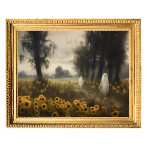 Cute Ghosts in Fall Meadow W/ Haunted House, Vintage Ghost Painting ...