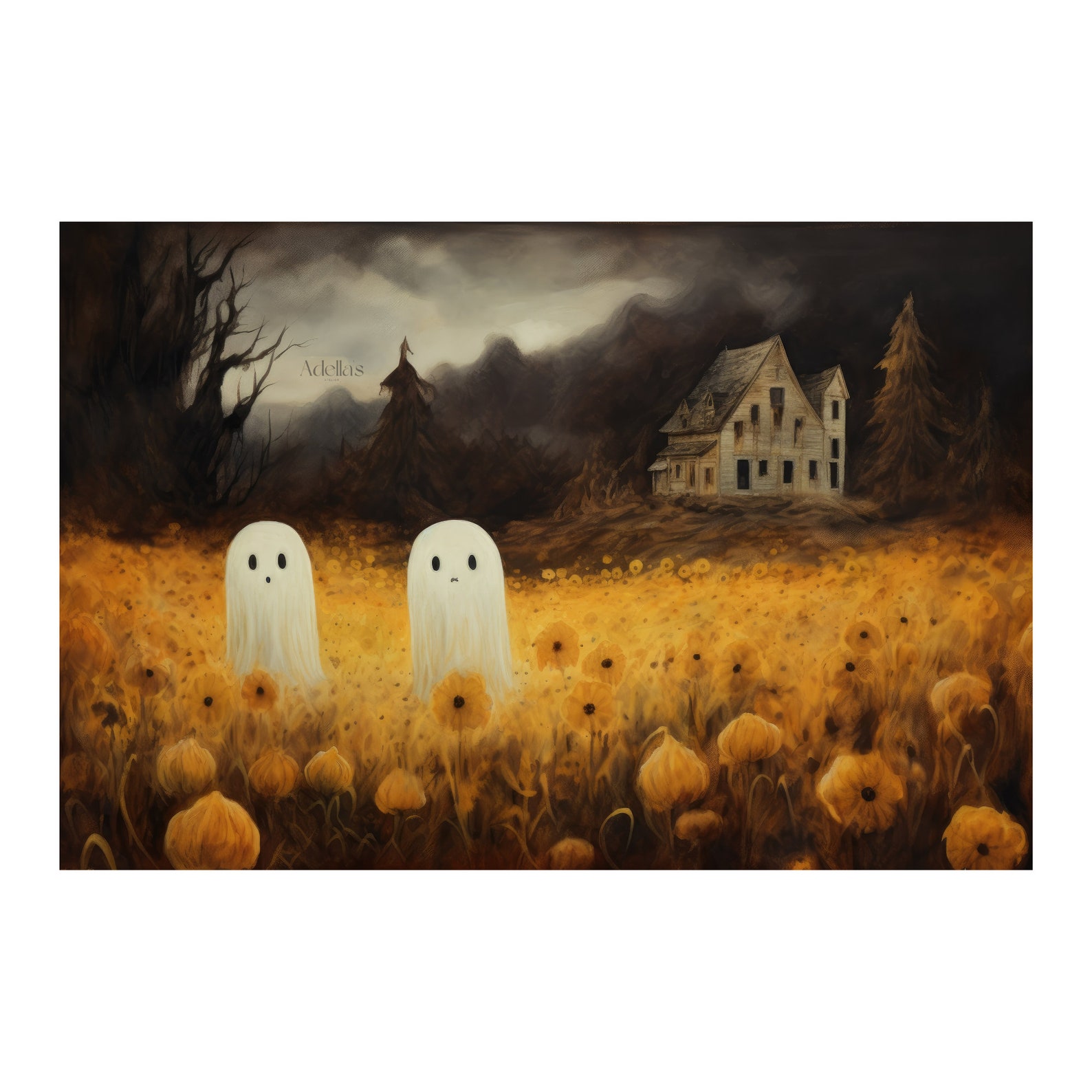 Cute Ghosts in A Sunflower Field W/ Haunted House, Vintage Digital ...