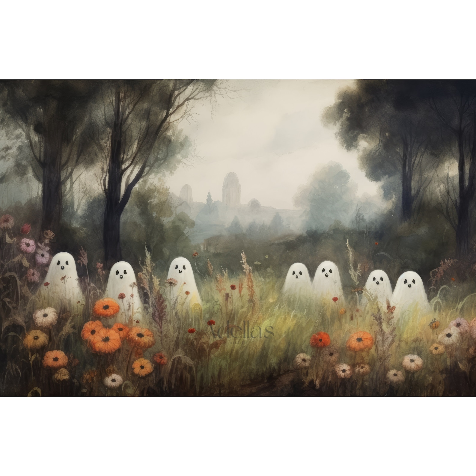 Cute Ghosts in Fall Meadow W/ Flowers, Vintage Ghost Painting, Dark ...