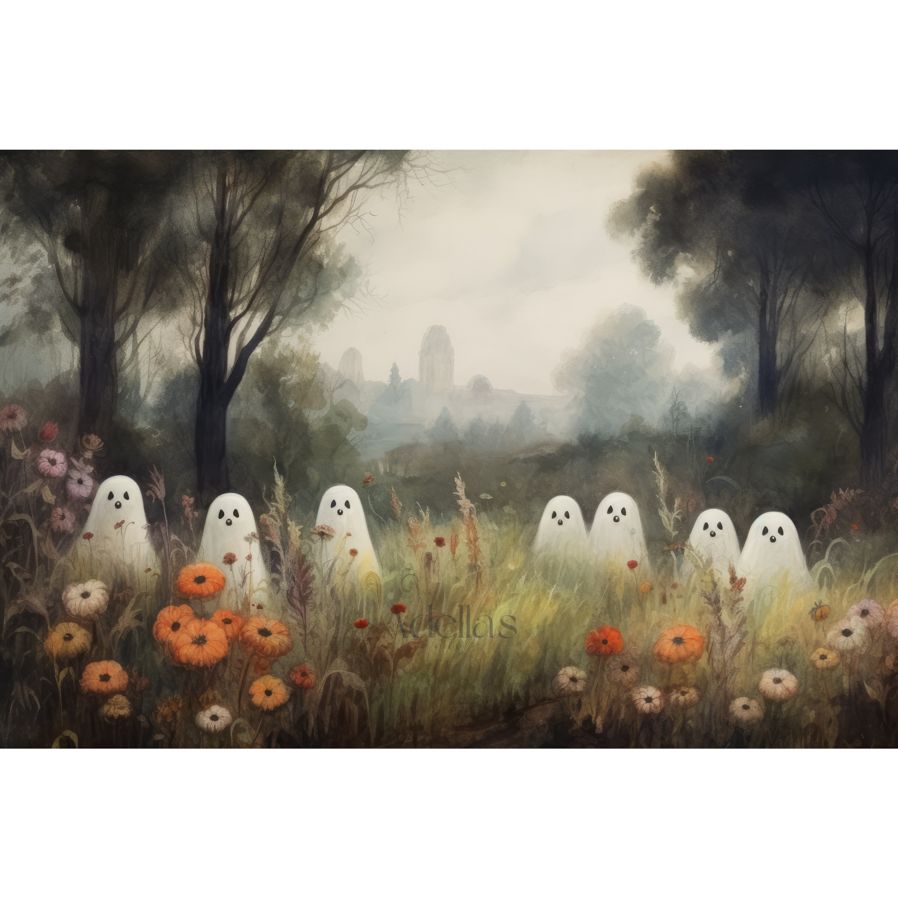 Cute Ghosts in Fall Meadow W/ Flowers, Vintage Ghost Painting, Dark ...