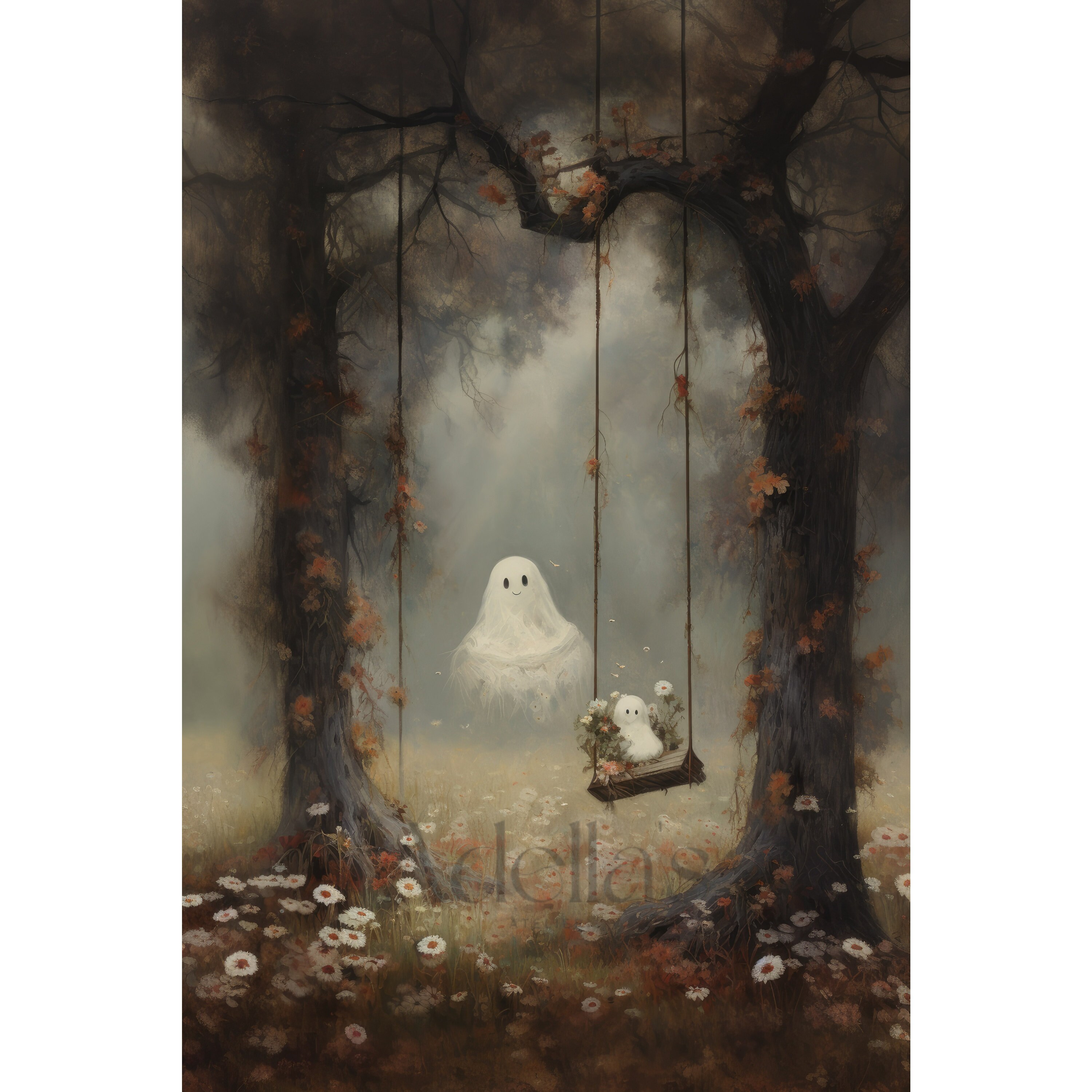 Cute Baby Ghost on A Swing, Vintage Digital Ghost Painting, Dark ...