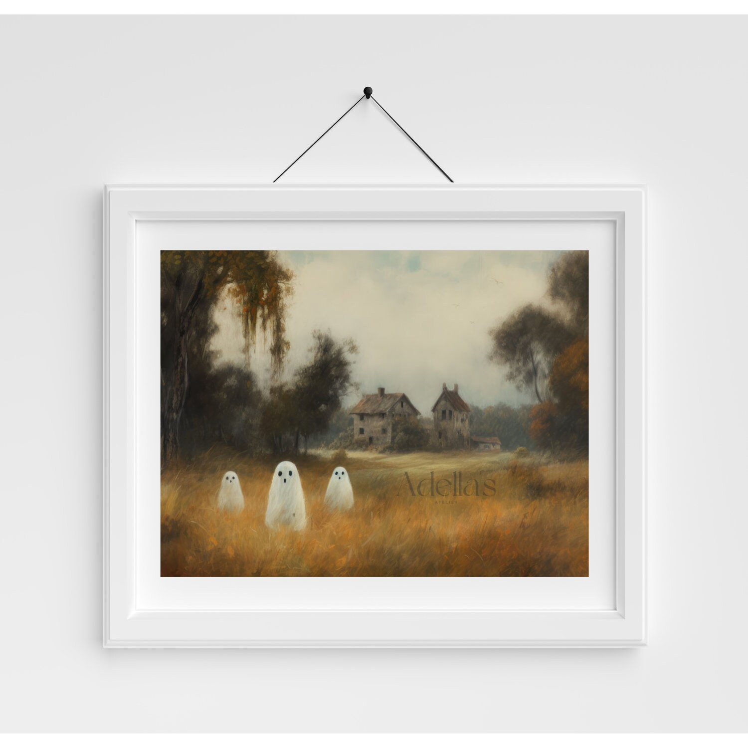 Cute Ghosts in A Fall Meadow W/ Haunted House, Vintage Digital Ghost Painting, Dark Academia ...