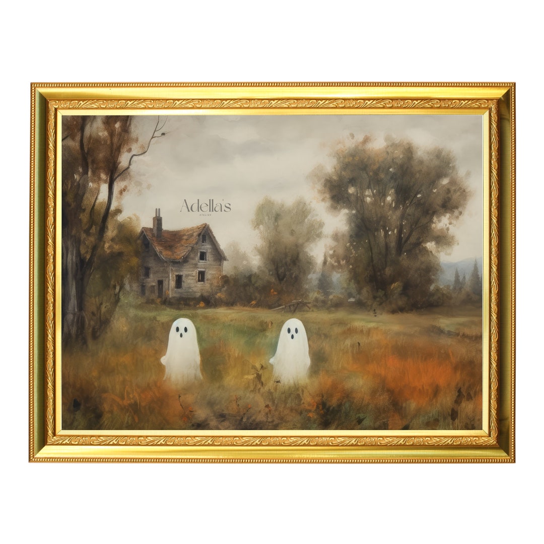 Cute Ghosts in A Fall Meadow W/ Haunted House, Vintage Digital Ghost ...