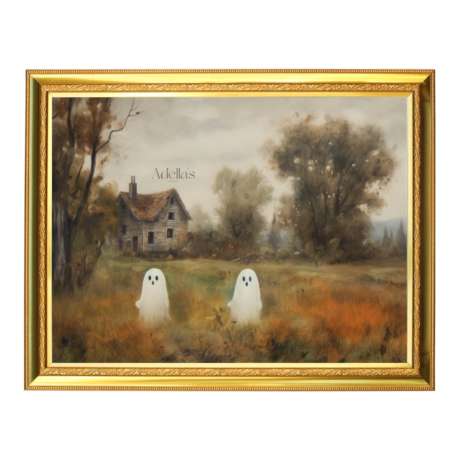 Cute Ghosts in A Fall Meadow W/ Haunted House, Vintage Digital Ghost ...