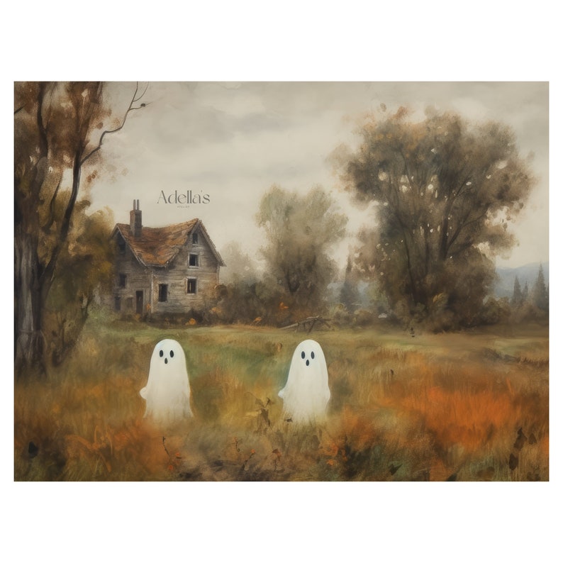 Cute Ghosts in A Fall Meadow W/ Haunted House, Vintage Digital Ghost ...