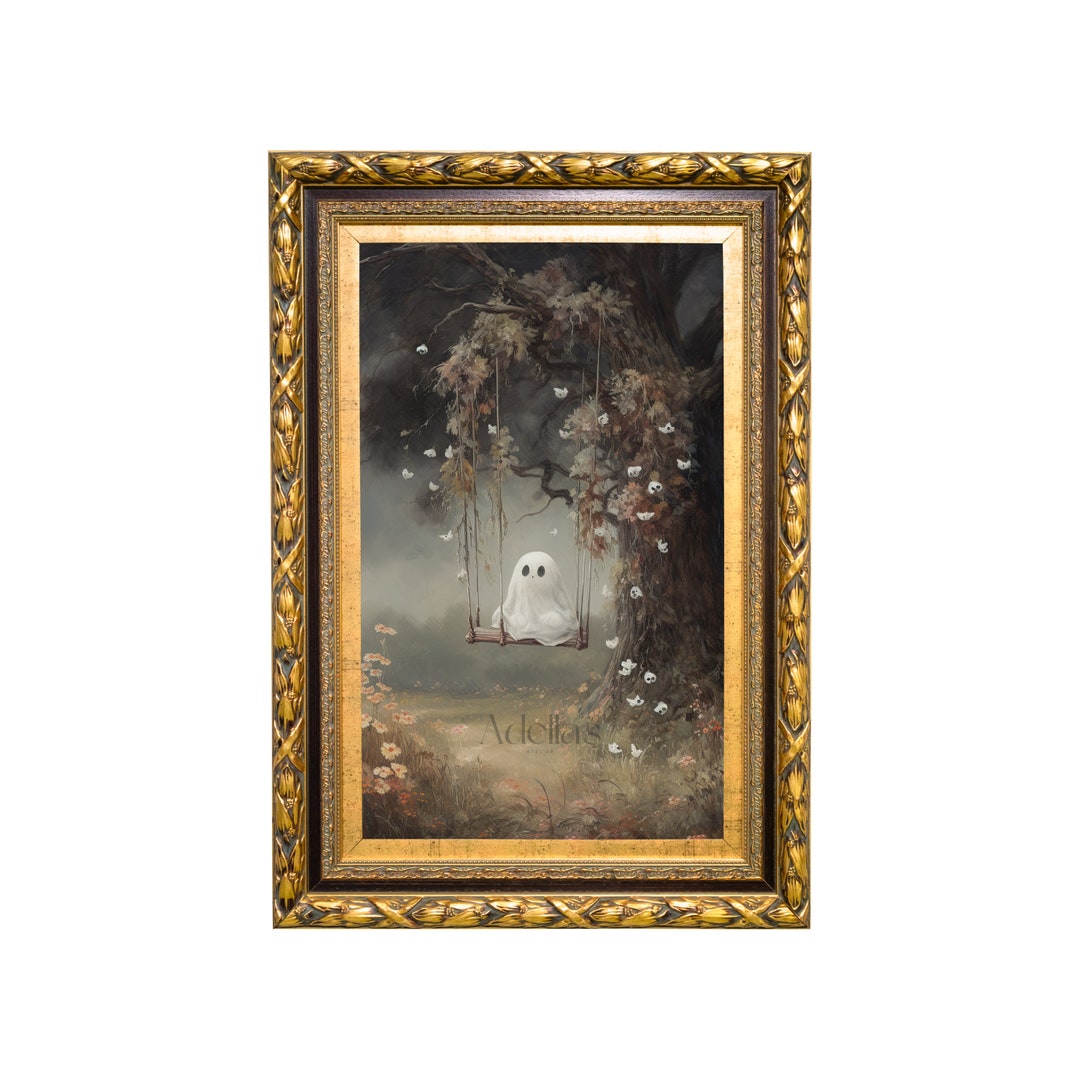 Cute Ghost on A Swing, Vintage Digital Ghost Painting, Dark Academia ...
