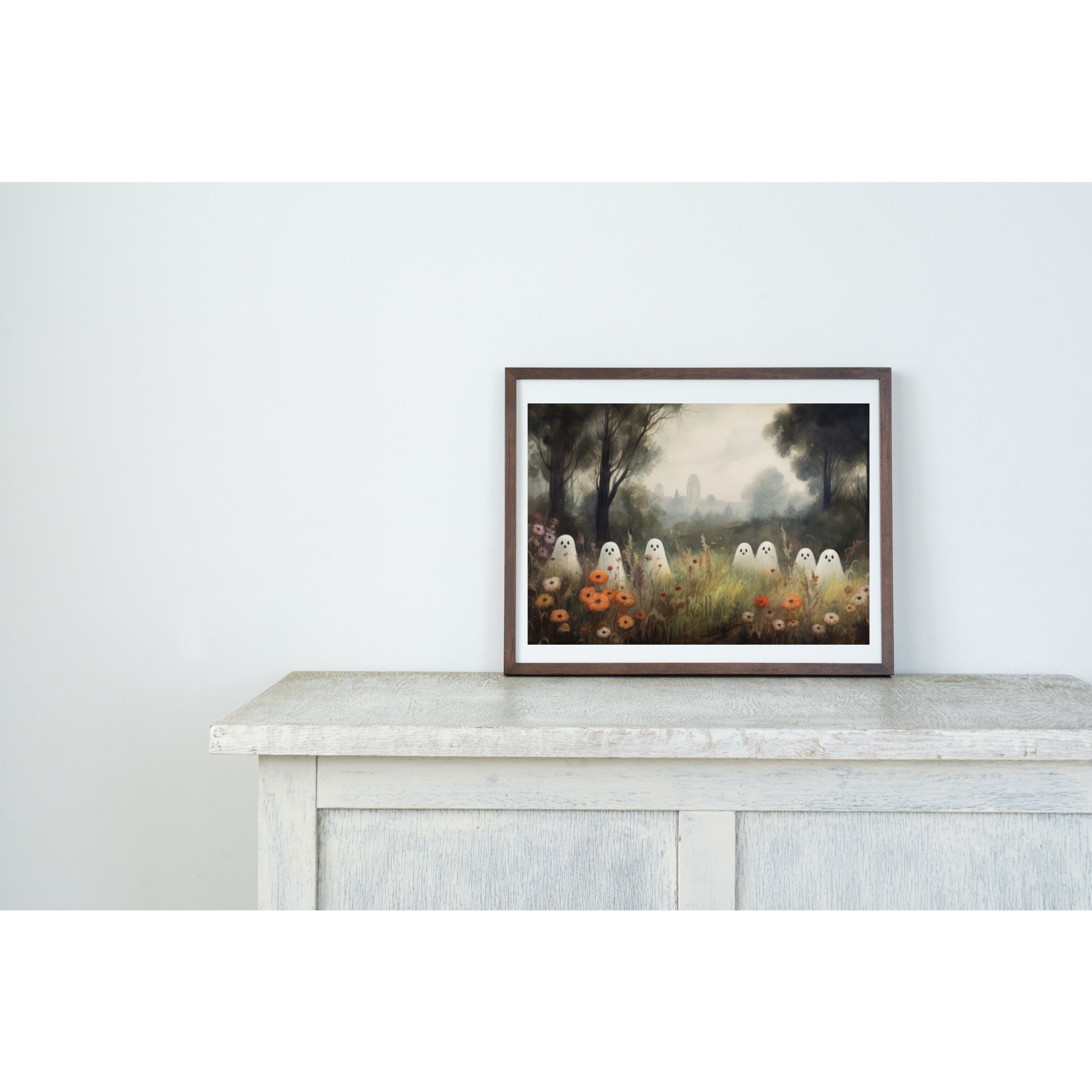 Cute Ghosts in Fall Meadow W/ Flowers, Vintage Ghost Painting, Dark ...