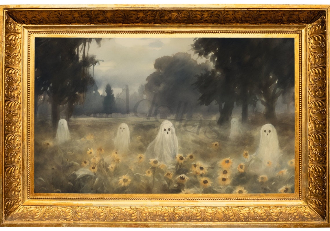 Cute Ghosts in Sunflower Field, Vintage Ghost Painting, Ghost Painting ...